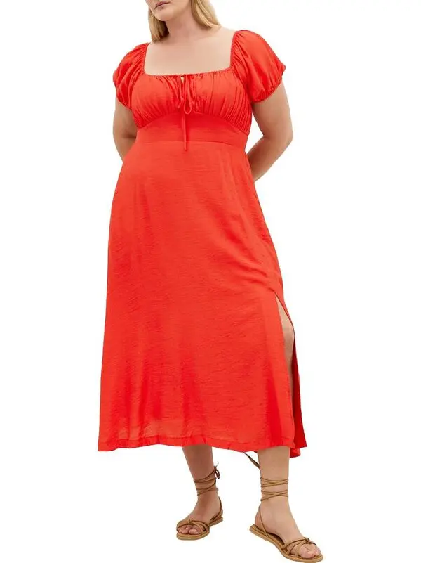City Chic Abbigail Midi Peasant Dress - Watermelon