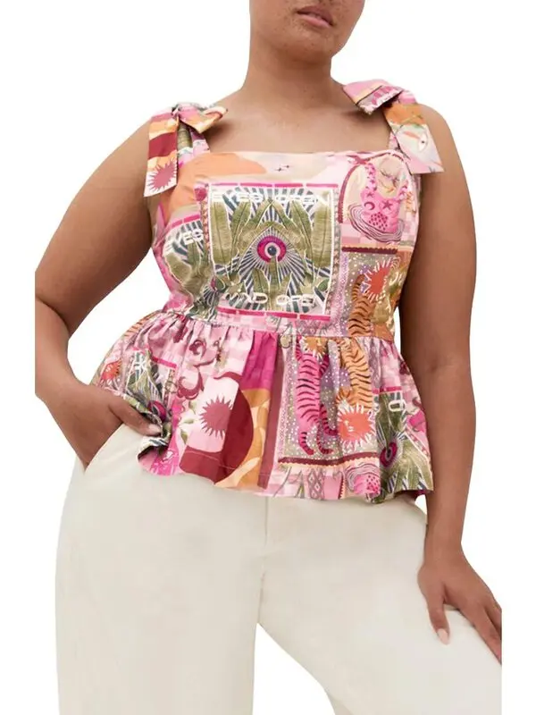City Chic Isabel Peplum Top - Pink Dreamscape