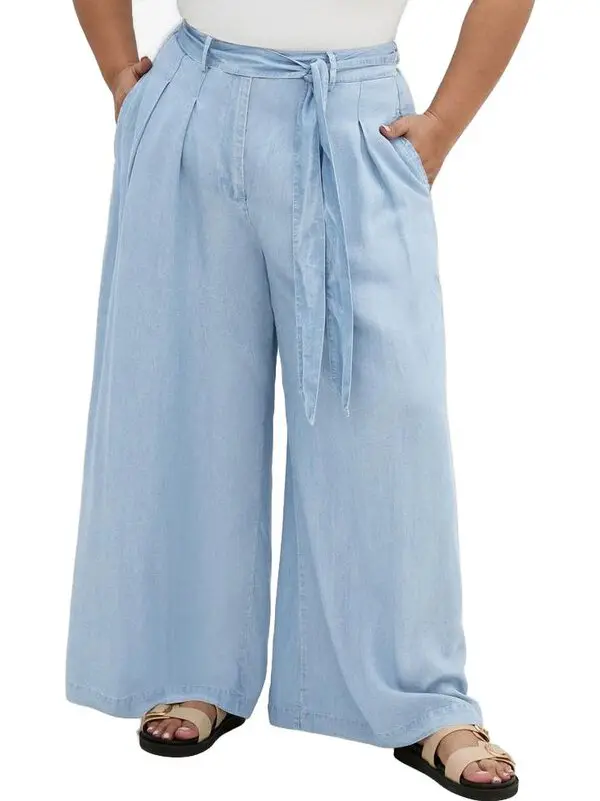 City Chic Belted Wide-leg Pants - Light Wash