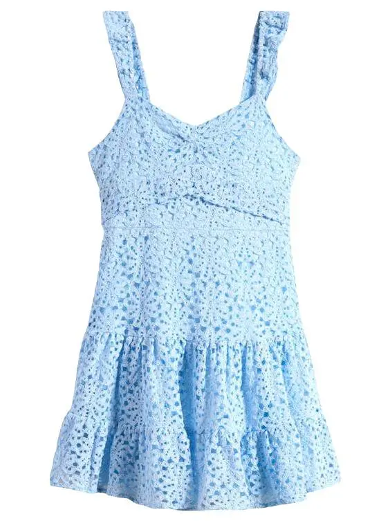 AVA & YELLY Lace Tiered Ruffle Cotton Blend Dress - Light Blue