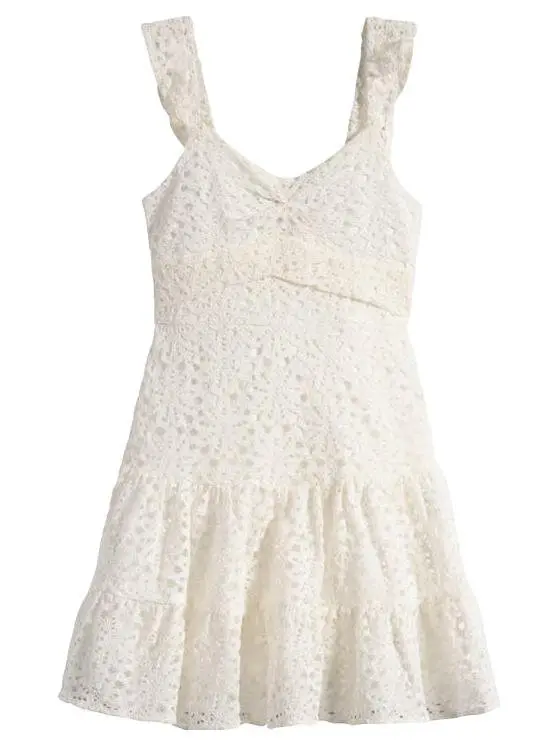 AVA & YELLY Lace Tiered Ruffle Cotton Blend Dress - White