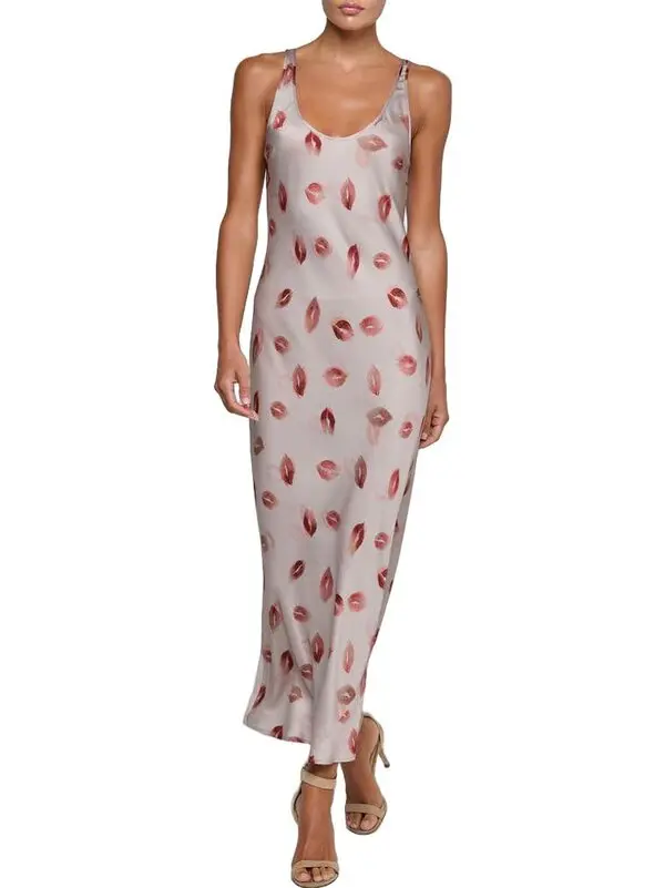 L'Agence Akiya Kiss Print Satin Maxi Slipdress - Taupe/dk Red Fd Kiss