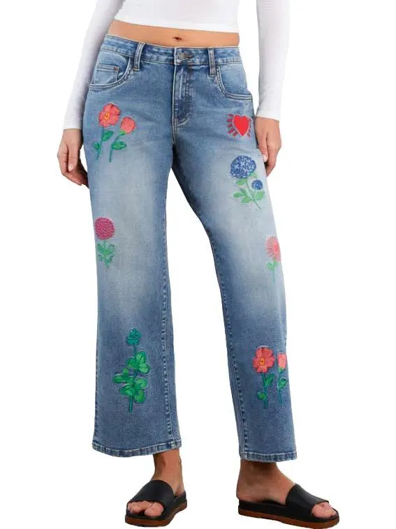 BILLY T Blossom Embroidered Wide-leg Jeans - Relaxed Blue