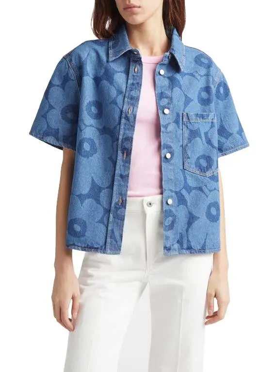 Marimekko Maridenim Kuvata Unikko Floral Print Top - Mid Indigo