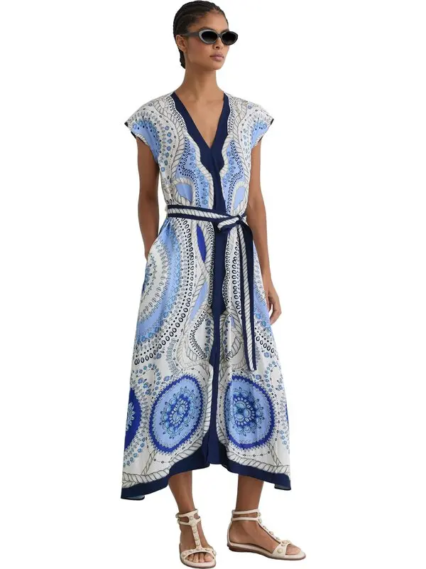 REISS Scarf-print Belted Midi Dress - Ivory/blue