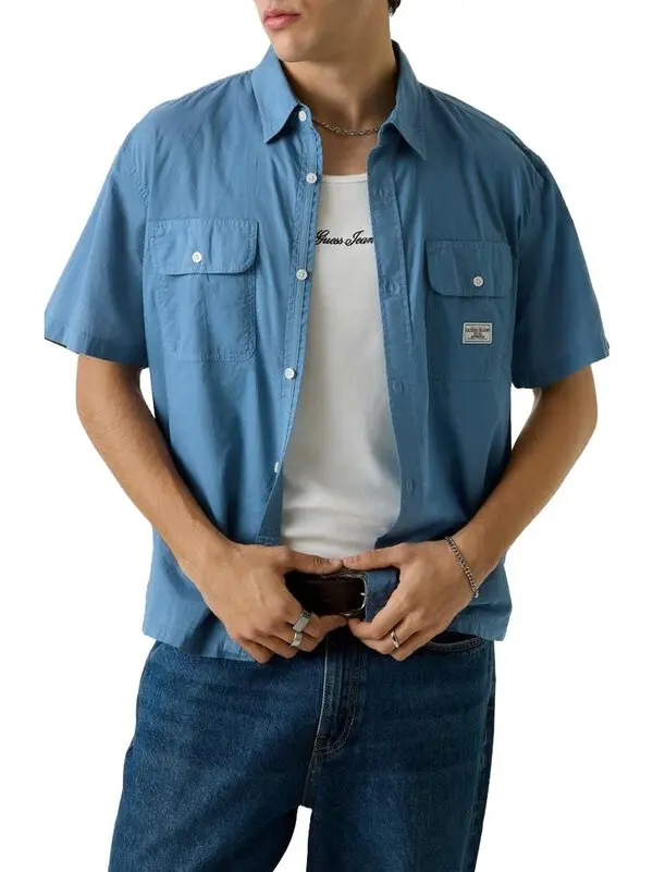 Guess Boxi Crop Short Sleeve Cotton Button-up Shirt - Blue
