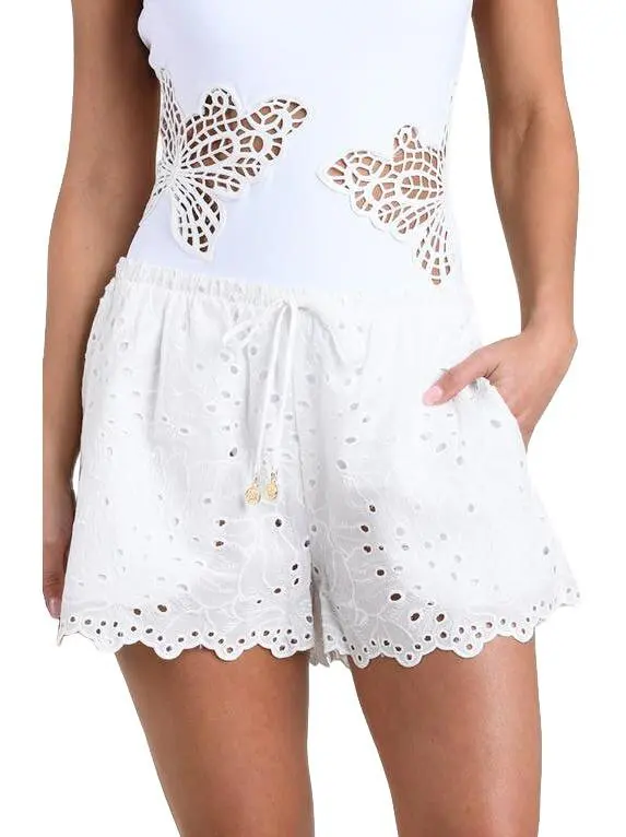 L'Agence Monstera Eyelet Cove Cotton Cover-up Shorts - White