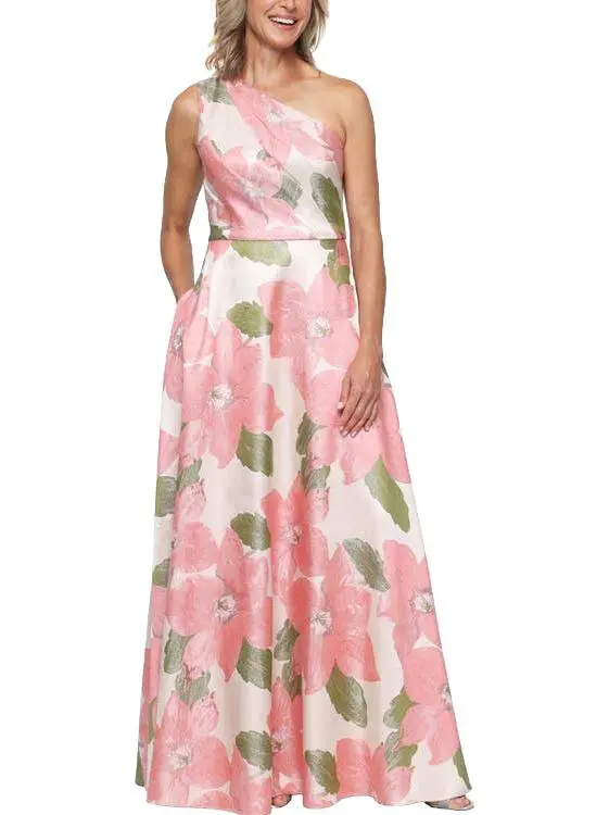 Alex Evenings Floral Jacquard One-shoulder Gown - Coral