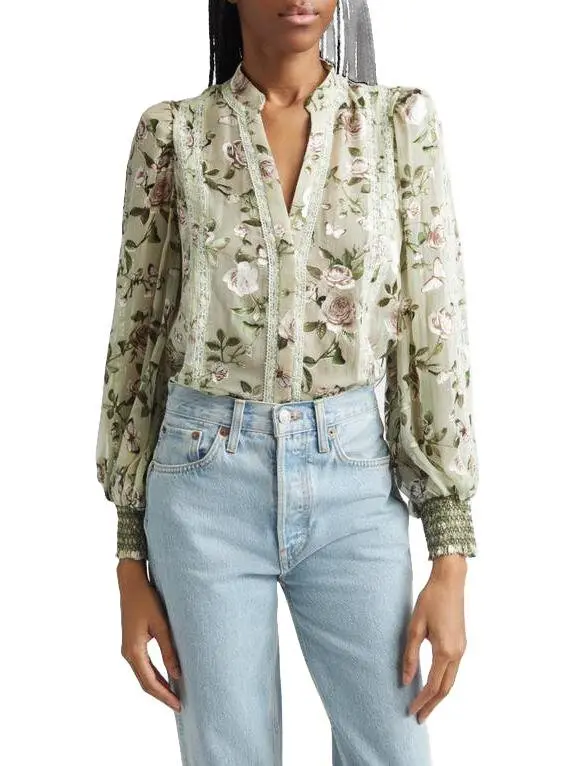 Alice + Olivia Floral Lace Trim Arlette Shirt - Garden Gossip Light Sage