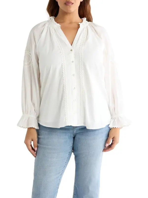 LIVERPOOL Rickrack Front Button Cotton Top - Bone