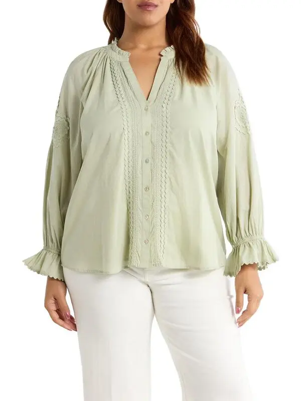 LIVERPOOL Rickrack Front Button Cotton Top - Matcha