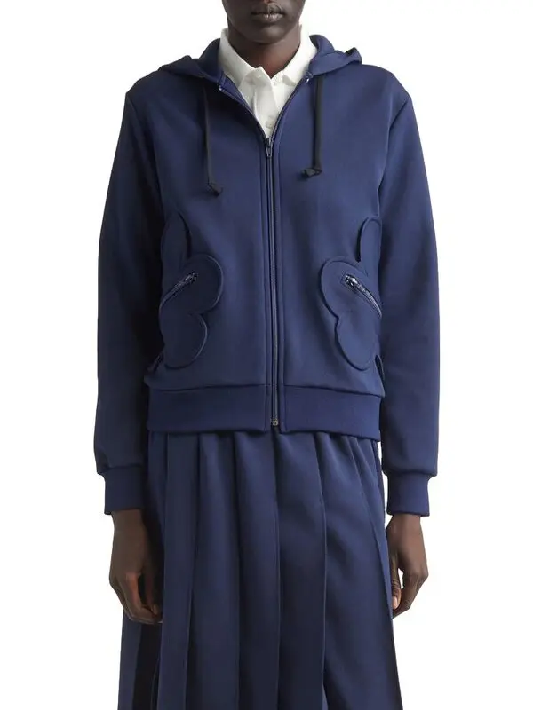 Comme Des Garçons Floral Appliqué Full Zip Hoodie - Navy