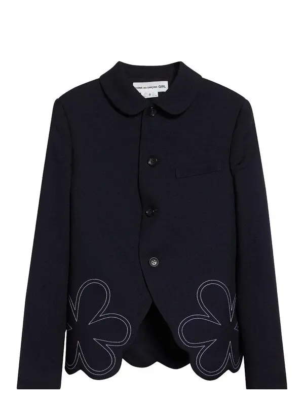 Comme Des Garçons Floral Embroidered Gabardine Cutaway Jacket - Navy