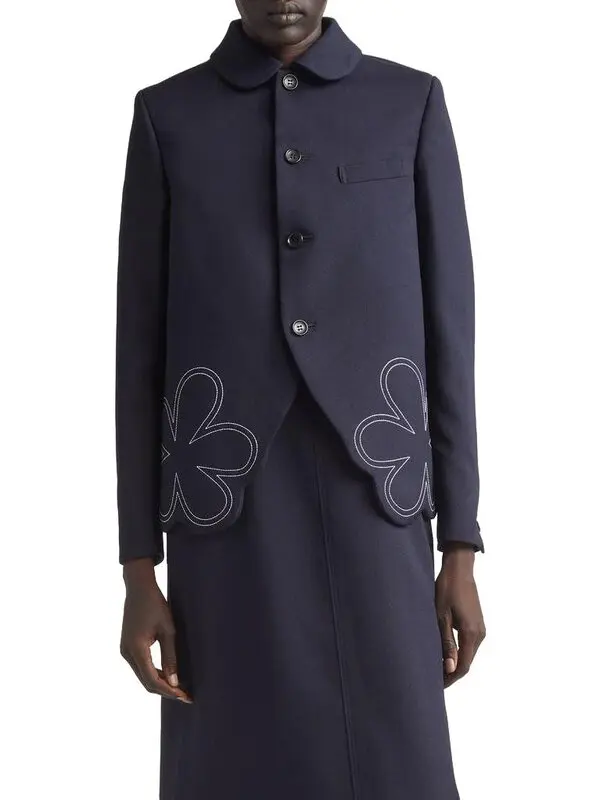 Comme Des Garçons Floral Embroidered Gabardine Cutaway Jacket - Navy