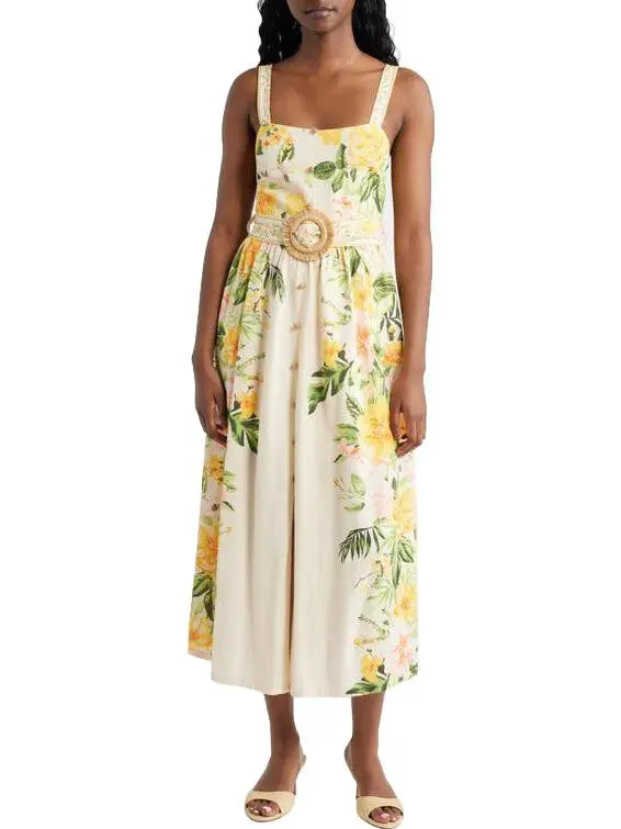 Moon River Floral Belted Midi Sundress - Cream Multi