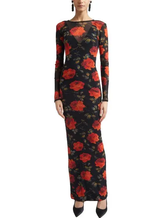 Carolina Herrera Rose Print Mesh Dress - Black Multi