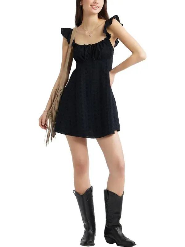 Bp. Eyelet Embroidery Flutter Sleeve Minidress - Black