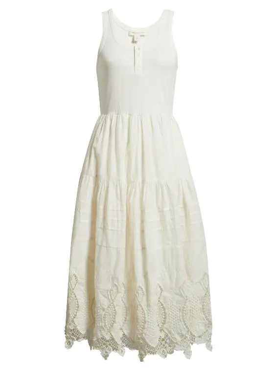 Treasure & Bond Embroidered Mixed Media Henley Tank Dress - Ivory Egret