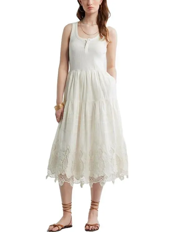 Treasure & Bond Embroidered Mixed Media Henley Tank Dress - Ivory Egret