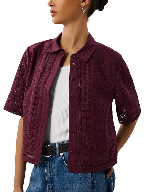 Whistles Broderie Cotton Shirt - Plum