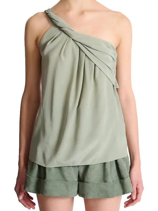 Balmain Draped One-shoulder Silk Crepe Top - Green