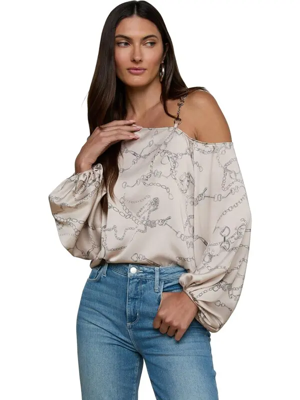 L'Agence Asami Chain One-shoulder Blouse Top - Soft Macadamia Multi Small Horsebit Chain