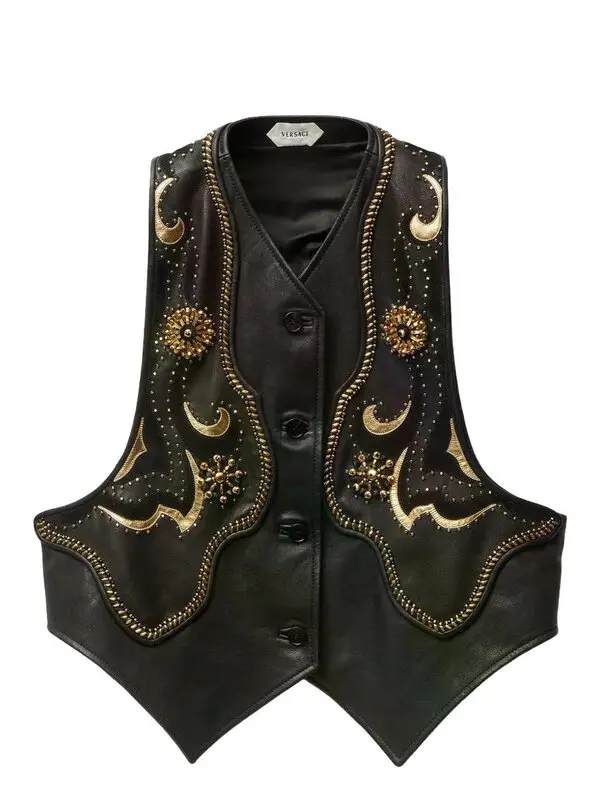 Versace Beaded Embellished Leather Waistcoat - Black