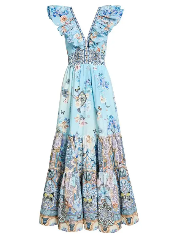 Camilla Printed Cotton-poplin Maxi Dress With Cutout And Crystal Embellishments - Light Blue