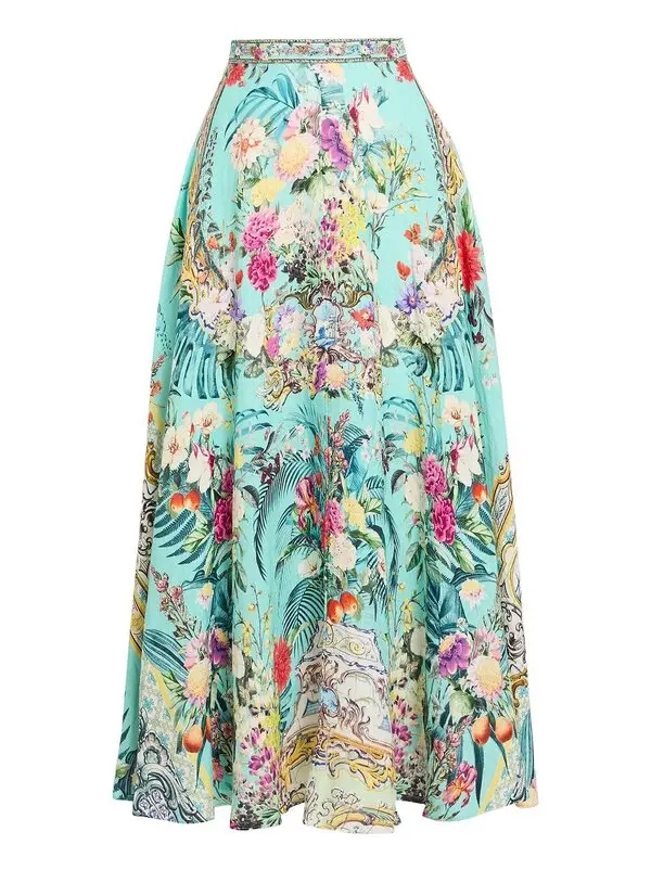 Camilla Crystal-embellished Printed Linen Maxi Skirt - Turquoise