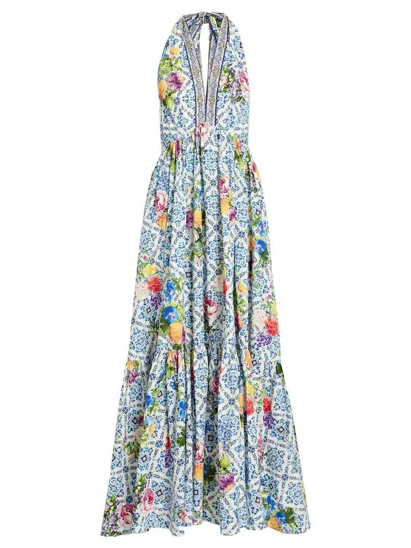 Camilla Crystal-embellished Printed Cotton-poplin Halterneck Maxi Dress - Blue