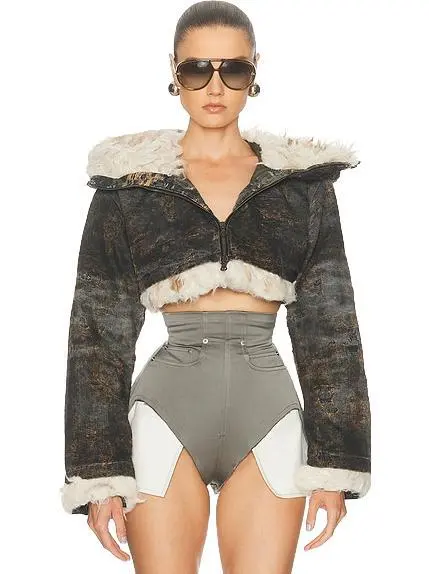 DIESEL® Cropped Faux Fur Zip Up Jacket - Black