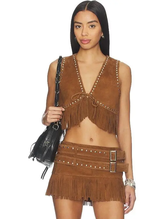 LAMARQUE Fringed Suede Vest - Distressed Cognac