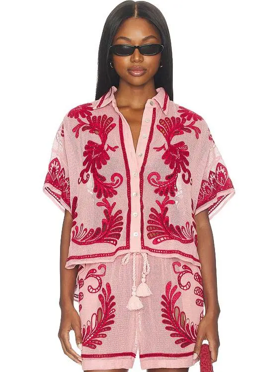 Farm Rio Embroidered Cotton Button-up Blouse - Arabesc Light Pink