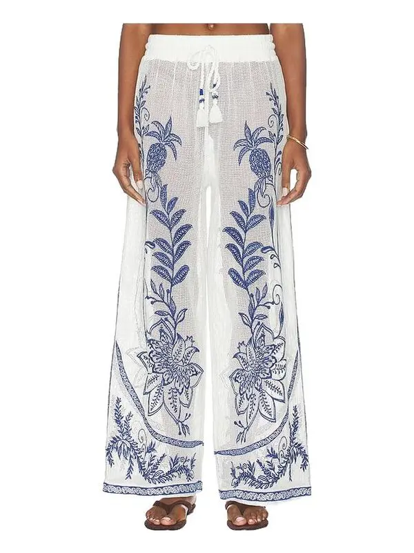 Farm Rio Wide Leg Pants - Nina Embroidery Off-white