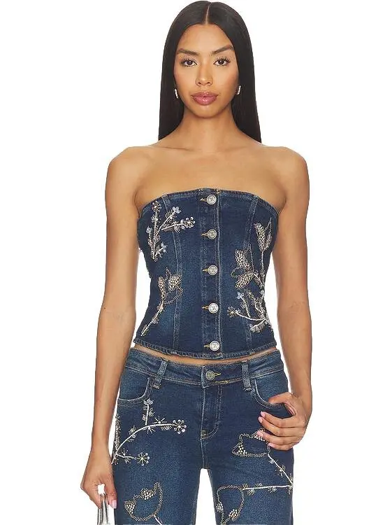 OW Nova Embellished Denim Top - Dark Wash Denim