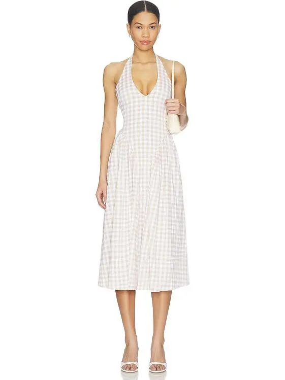 MORE TO COME Lottie Halter Maxi Dress - Nude Gingham