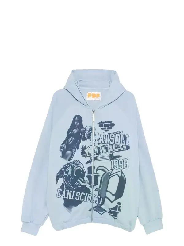 PDF Graphic Print Zip-up Hoodie - Blue