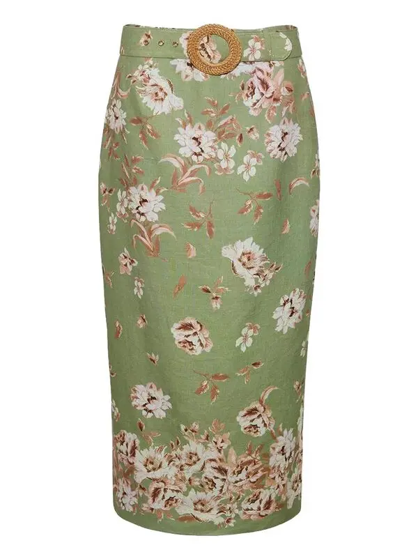 Cara Cara Floral-print Belted Midi Skirt - Green
