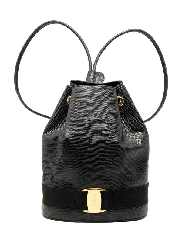 FERRAGAMO Lizard Embossed Leather Vara Bow Drawstring Backpack - Black