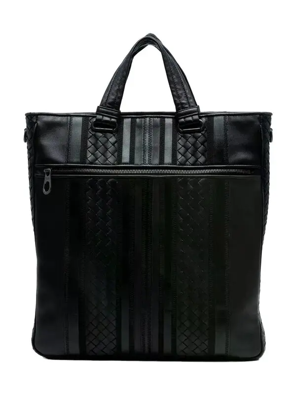 Bottega Veneta Nappa Intrecciato Tech Stripe Convertible Tote Satchel - Black