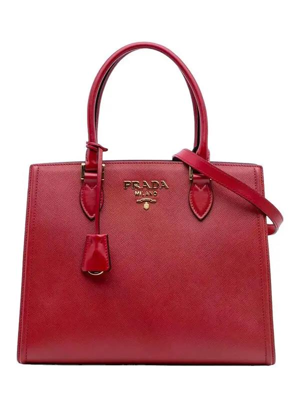 Prada Soft Calf Trimmed Saffiano Convertible Tote Satchel - Red