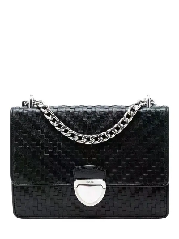 Prada Woven Goatskin Madras Chain Flap Crossbody Bag - Black