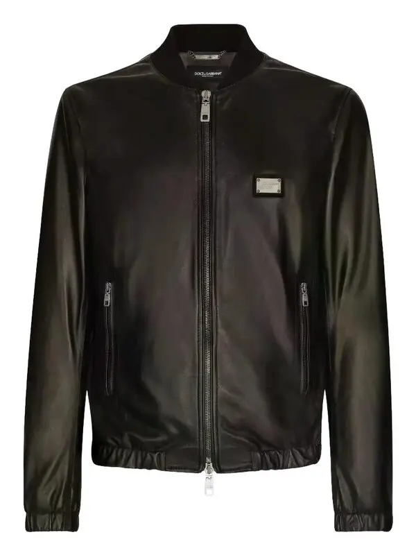 Dolce & Gabbana Leather Jacket With Branded Tag - Black