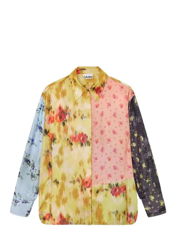 GANNI Paneled Floral Print Silk Shirt - Yellow