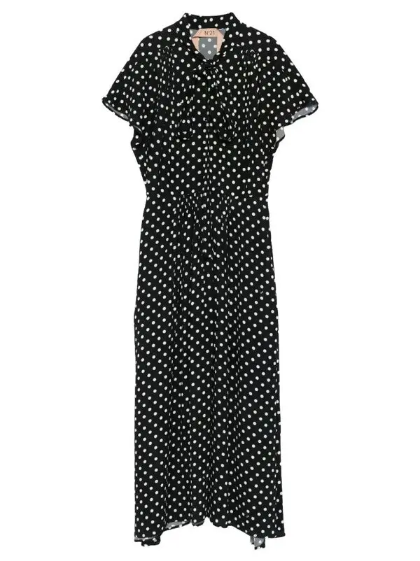N°21 Polka-dot Pussy-bow Midi Dress - Black