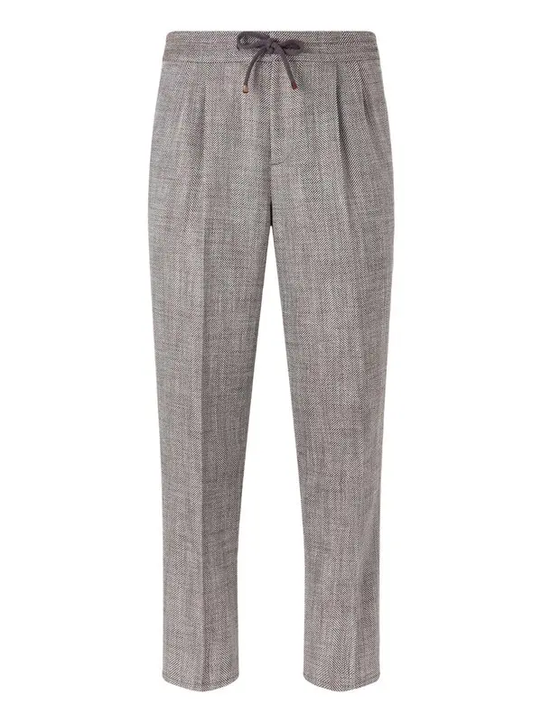 Brunello Cucinelli Straight-leg Pleated Herringbone Trousers - Dark Brown