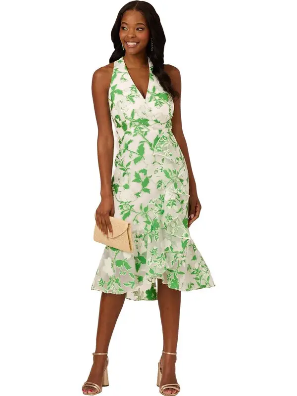 Adrianna Papell Sleeveless Organza Jacquard Mermaid Midi Dress - Green/ivory