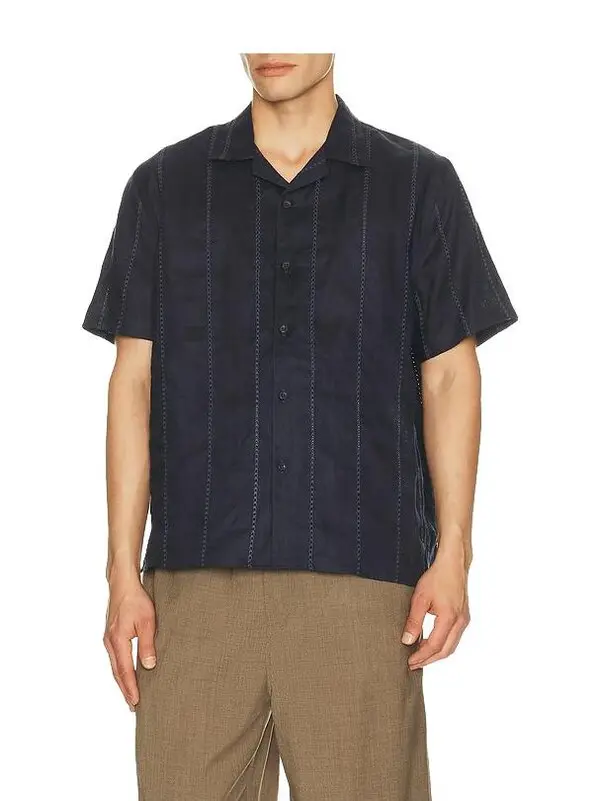 Vince Linen Eyelet Stripe Short Sleeve Cabana Shirt In . Also - Blue