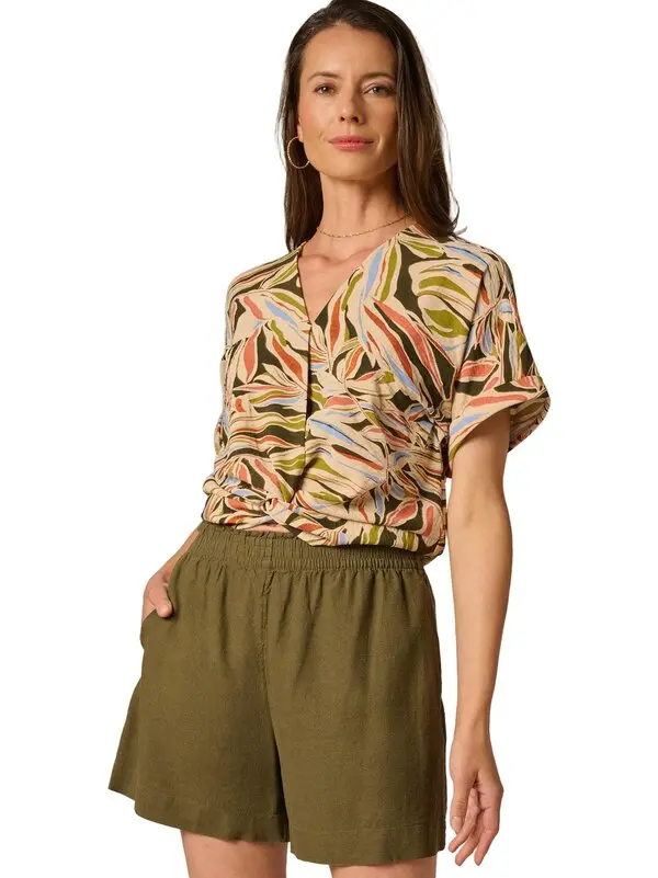 Adrianna Papell Short Sleeve Twist Front Top - Watercolor Leaf