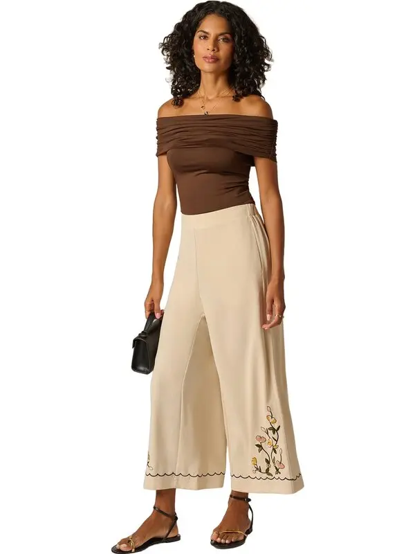Adrianna Papell Floral Embroidered Wide Leg Pants - Pale Oak